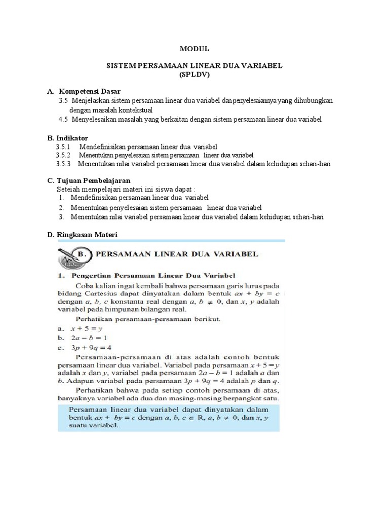 Modul Sistem Persamaan Linear Dua Variabel (SPLDV) A. Kompetensi Dasar ...