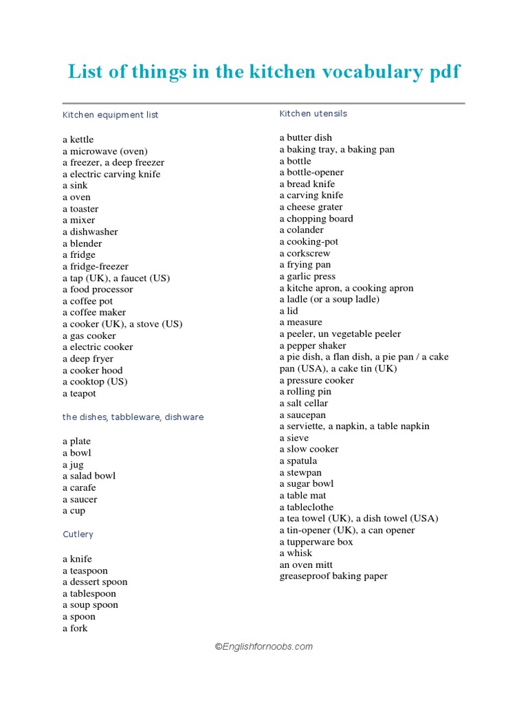 List of Things in The Kitchen Vocabulary PDF | PDF | Tableware | Spoon