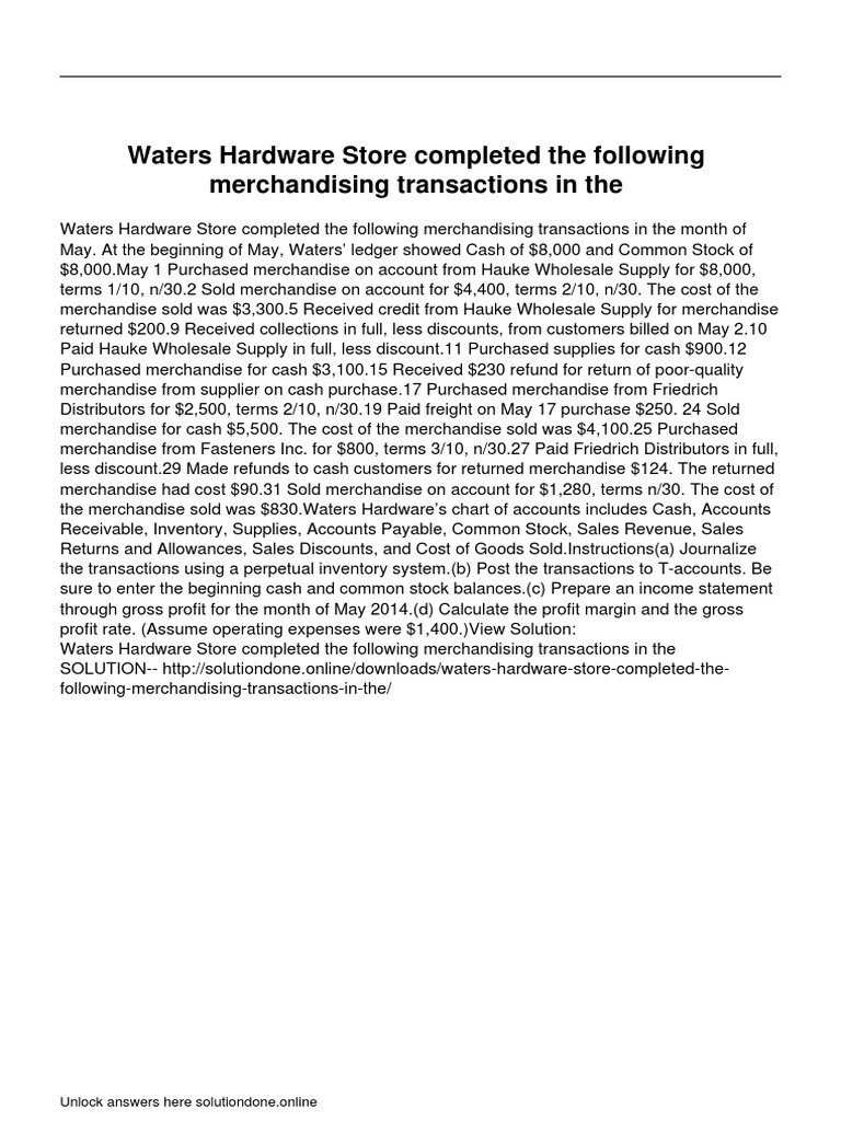 Waters Hardware Store Completed The Following Merchandising ...