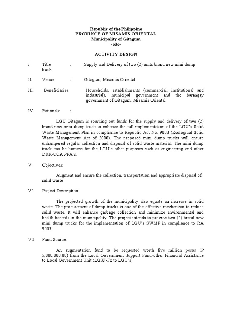 Activity Design Mini Dump Truck For Solid Waste | PDF | Waste ...