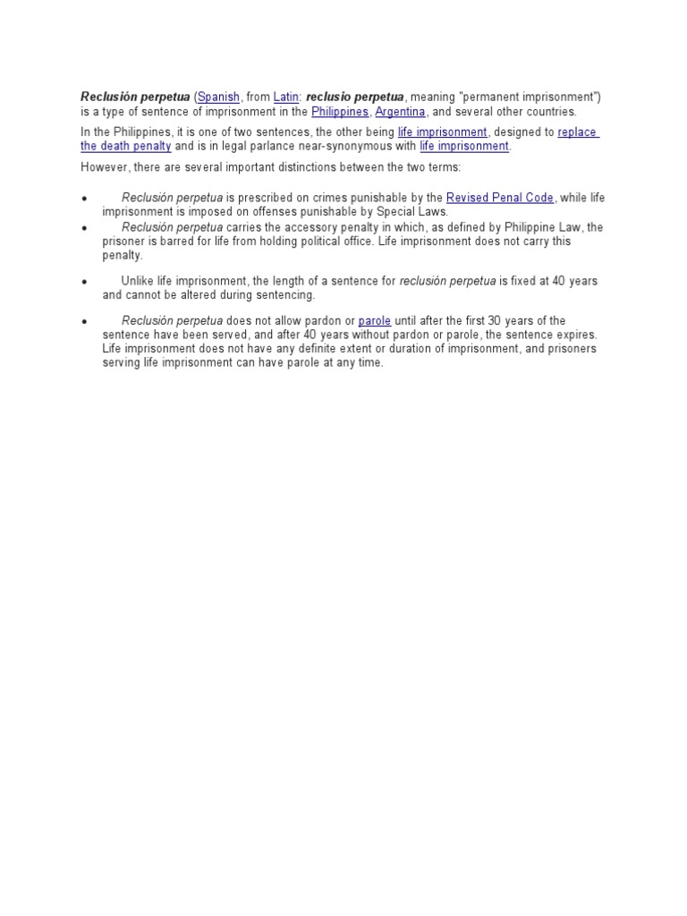 Reclusión Perpetua vs Life Imprisonment | PDF