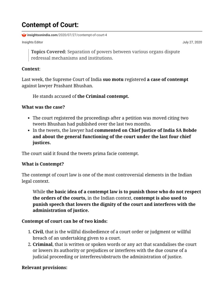 Contempt of Court: Prashant Bhushan Case Analysis | PDF | Contempt Of ...