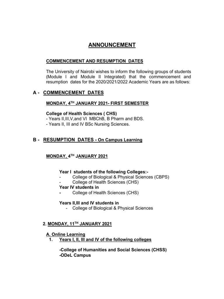 Commencement and Resumption Dates 2020 - 2021 - 2022 | PDF | College ...