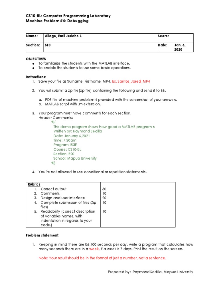 CS10-8L: Computer Programming Laboratory Machine Problem #4: Debugging | PDF