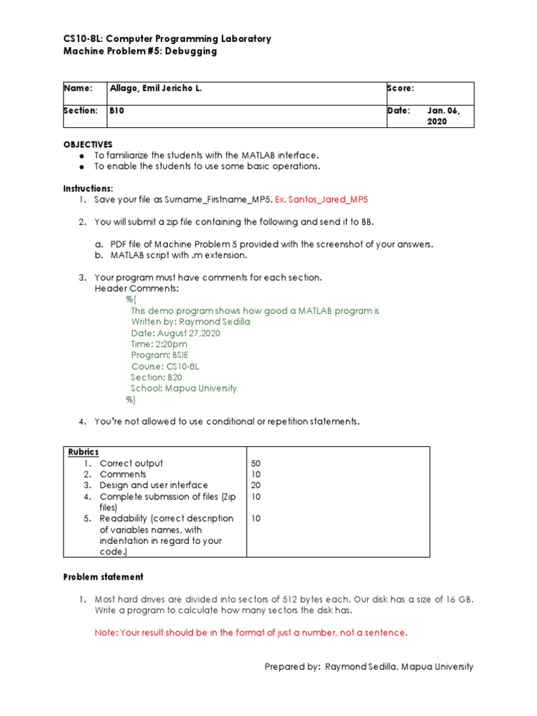 CS10-8L: Computer Programming Laboratory Machine Problem #5: Debugging | PDF