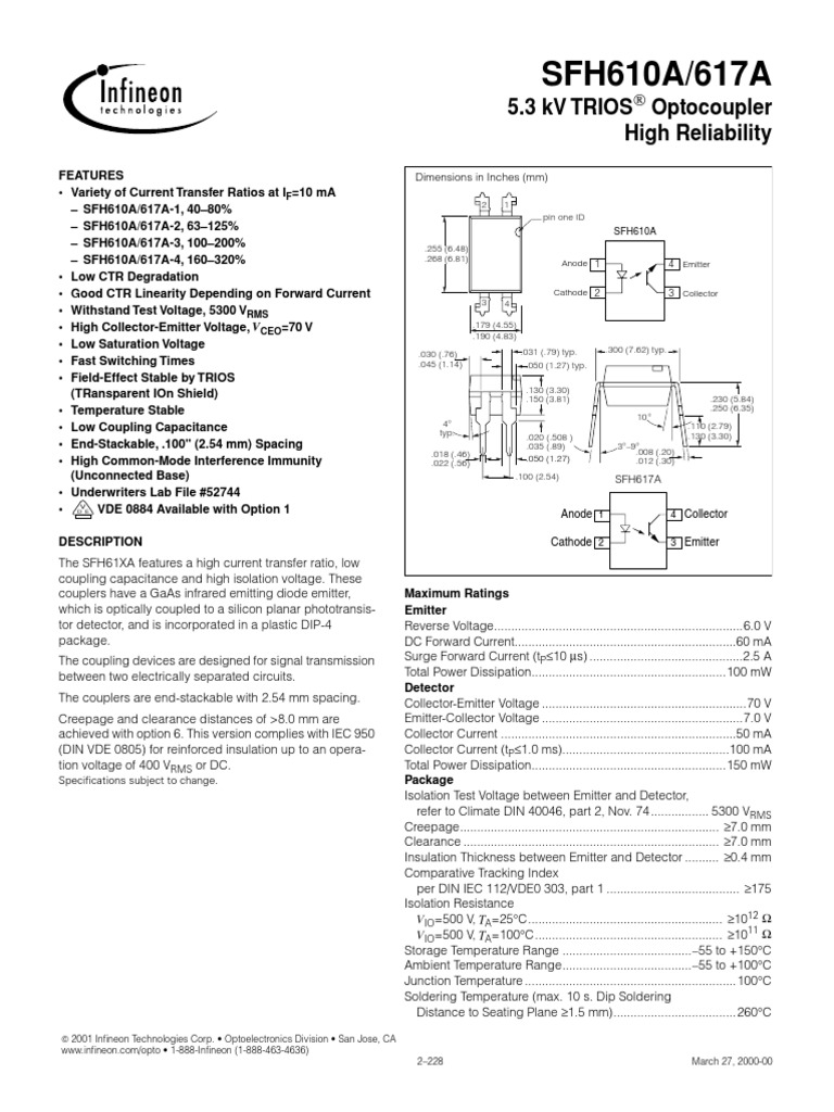 SFH610A/617A: 5.3 KV TRIOS Optocoupler High Reliability | PDF | Insulator (Electricity) | Diode