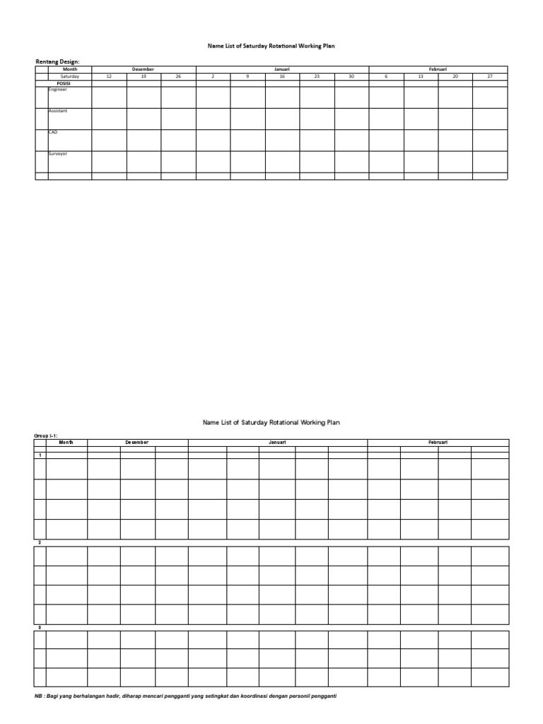 Name List of Saturday Rotational Working Plan Rentang Design | PDF