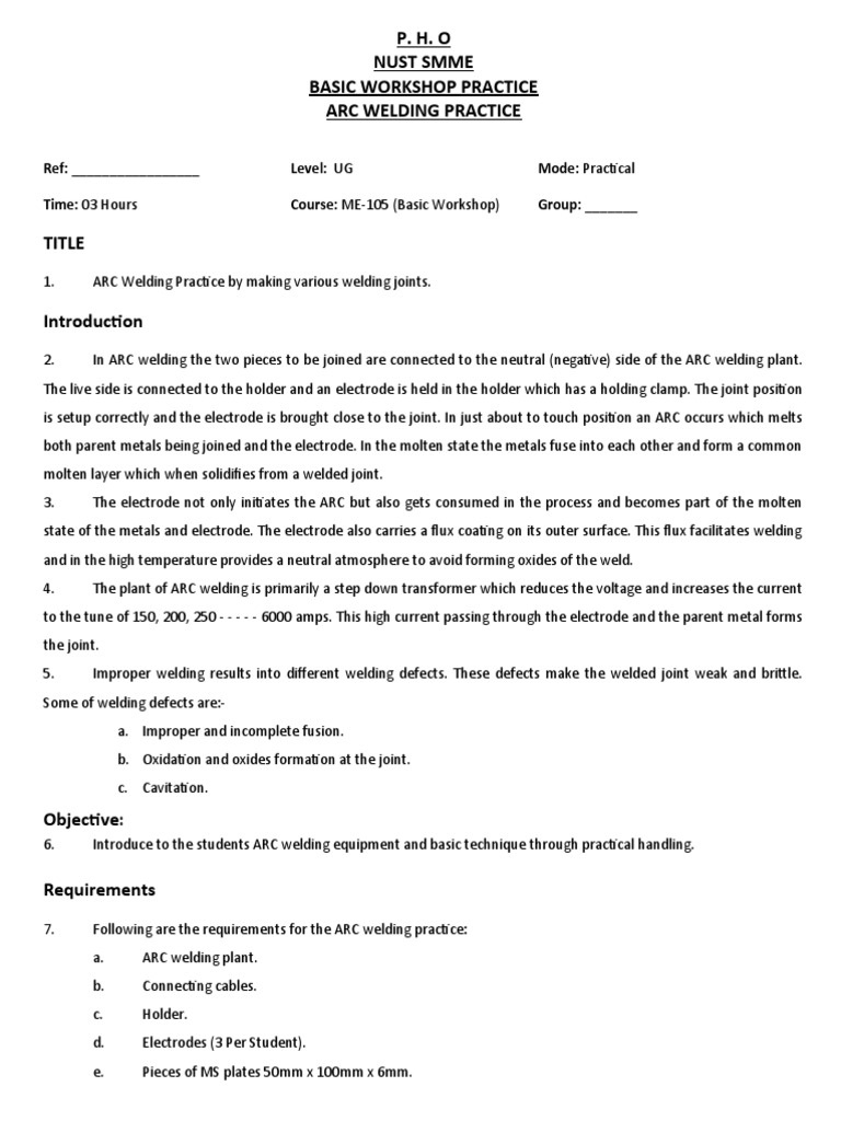 Arc WLDG Basic Workshop Practice 04092018 | PDF | Welding | Construction