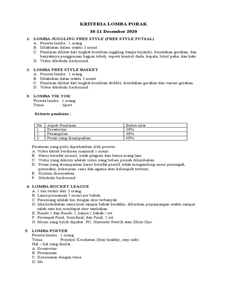 Kriteria Lomba Porak 2020 | PDF