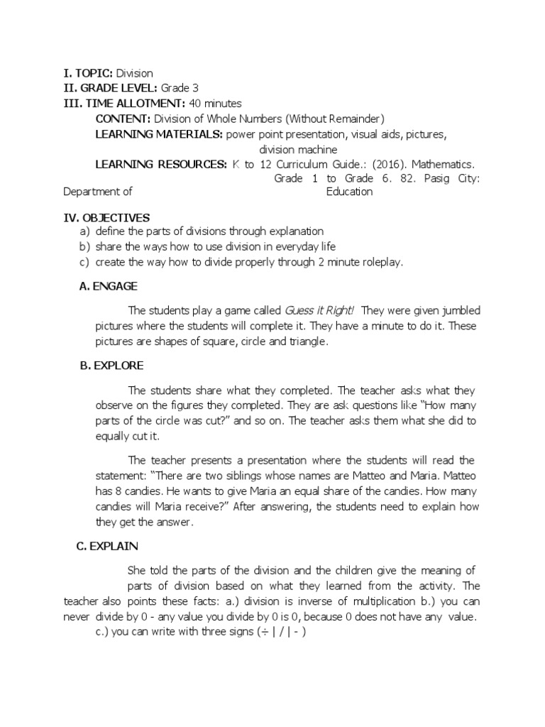 Grade 3 Division Lesson Plan | PDF | Lesson Plan | Teachers