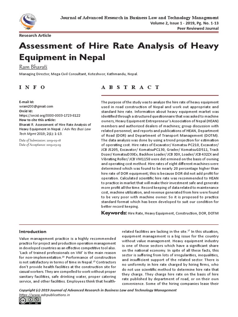 Assessment of Hire Rate Analysis of Heavy Equipment in Nepal | PDF ...