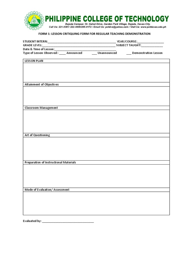 Form 1 Regular Demonstration Teaching Critique Sheet | PDF