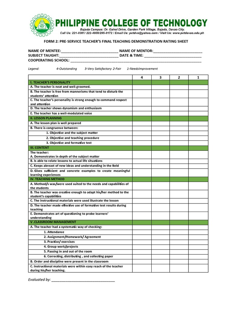 Form 2 Final Teaching Demo Evaluation Sheet | PDF