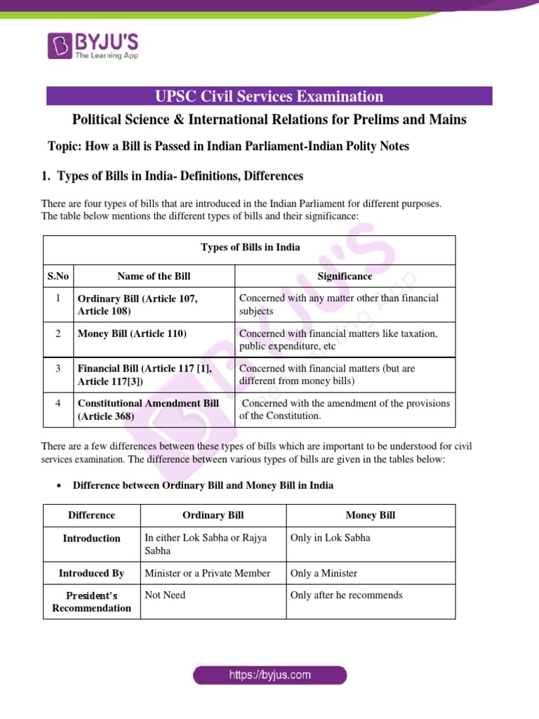 Types and Differences of Indian Bills | PDF | Bill (Law) | Royal Assent