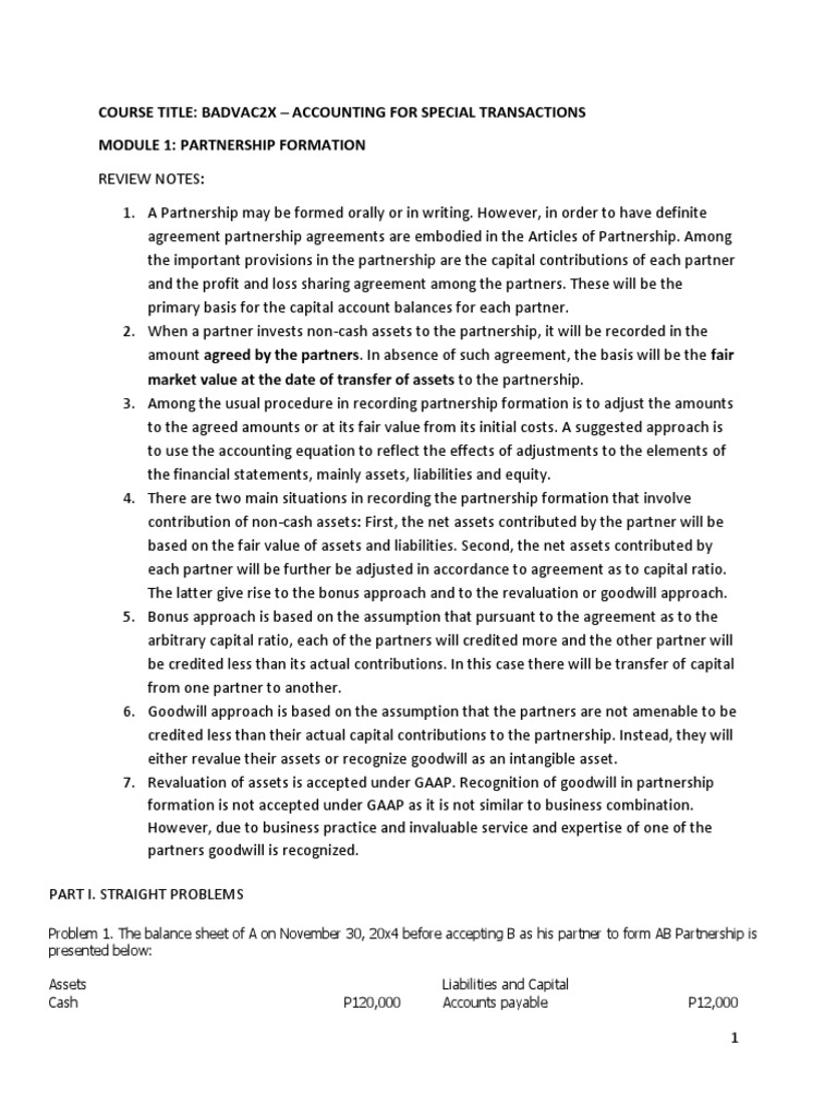 BADVAC2X - MOD 1 Partnership Formation | PDF | Goodwill (Accounting) | Partnership