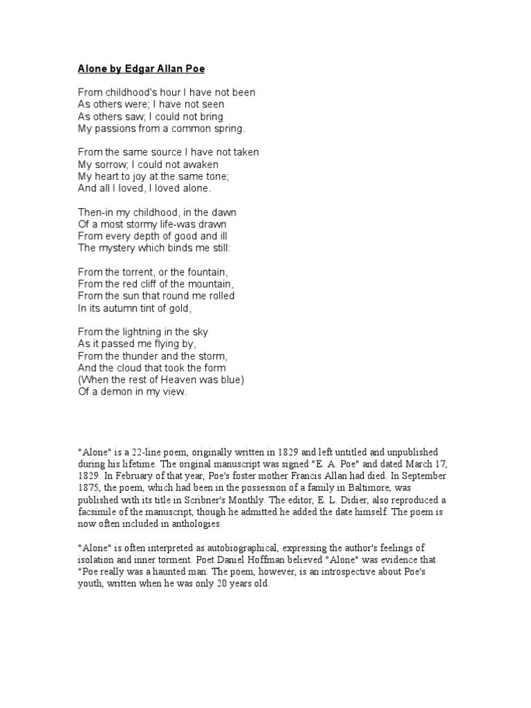 Alone by Edgar Allan Poe | PDF | Edgar Allan Poe | Poetry