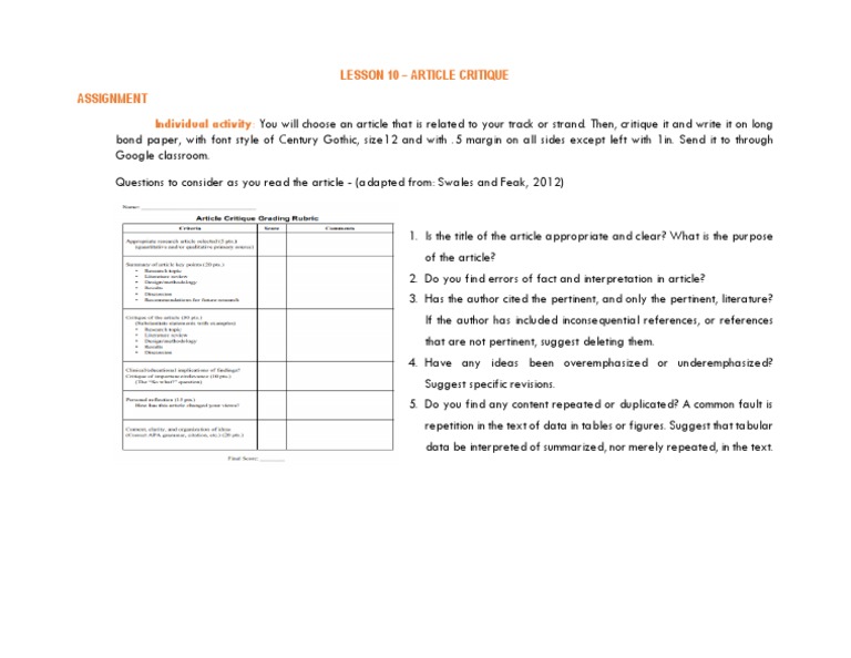 Lesson 10 Assignment - Article Critique | PDF
