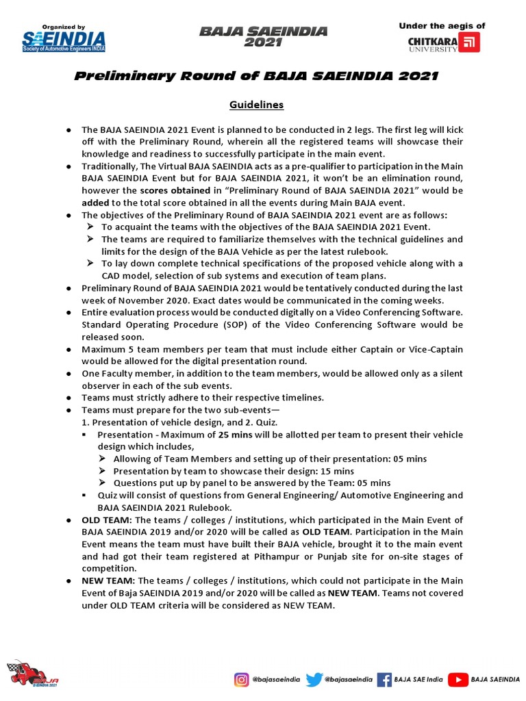 Preliminary Round of BAJA SAEINDIA 2021: Guidelines | PDF | Strength Of Materials | Vehicles