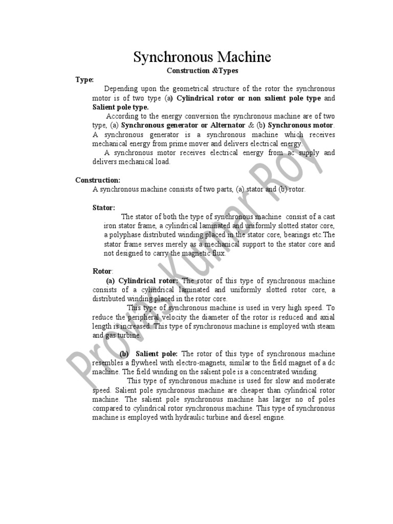 Synchronous Machine: Construction &types Type | PDF | Electric Motor ...