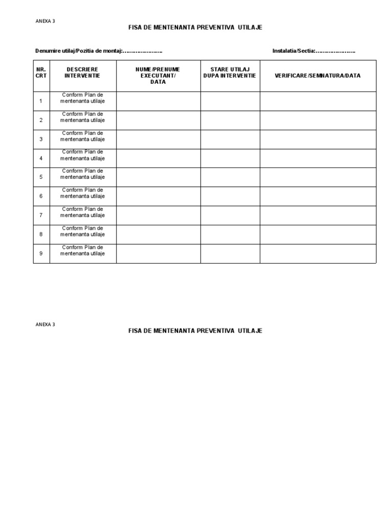 Fisa Mentenanta Utilaje Anexa 3 | PDF