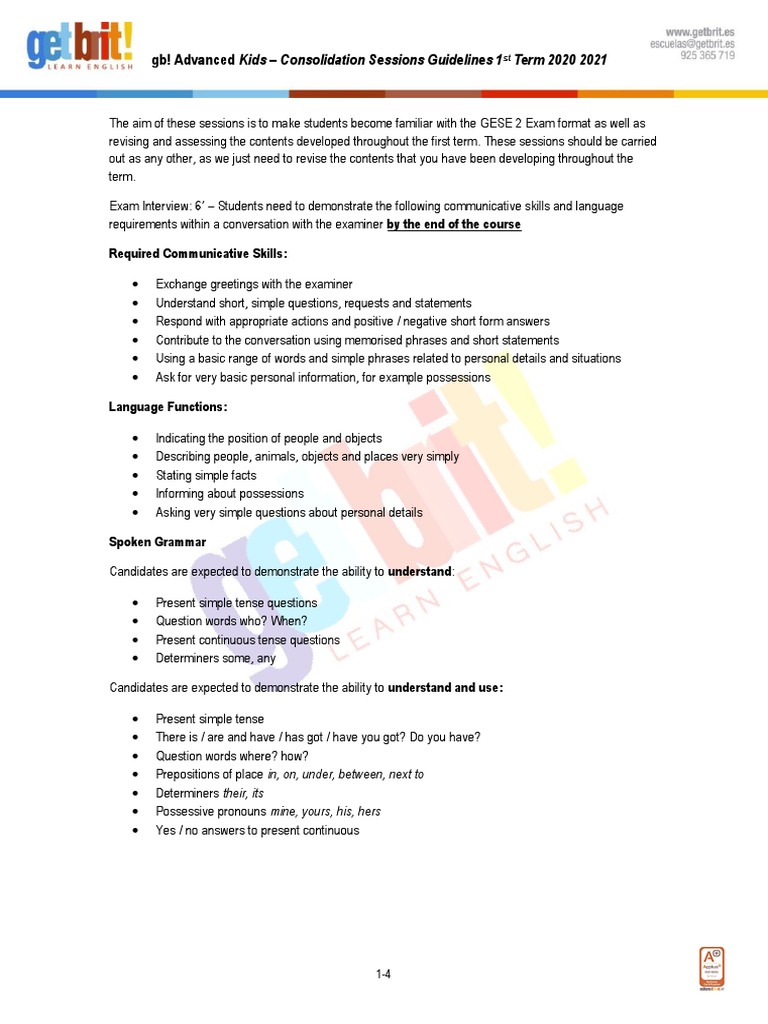 GB! Advanced Kids - Consolidation Sessions Guidelines 1: Required ...