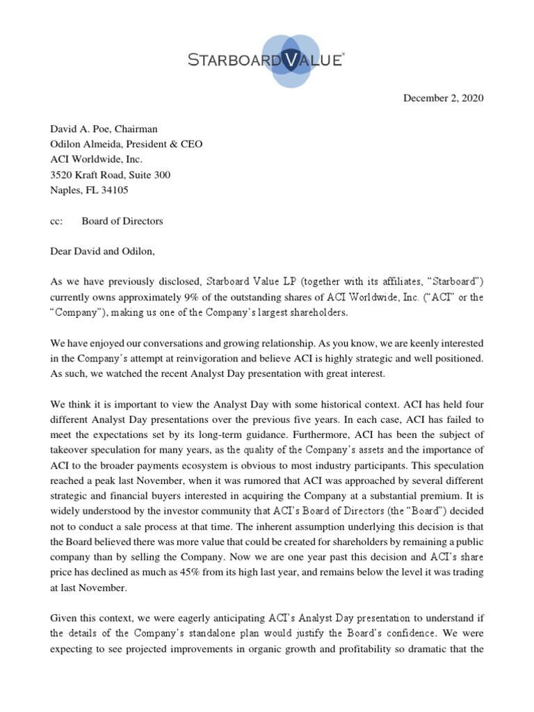 Starboard Value LP Letter | PDF | Subscription Business Model | Pricing