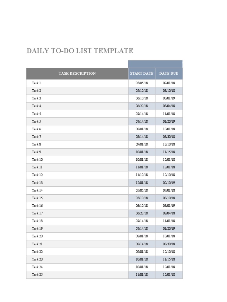 Daily To-Do List Template: Timeline Task Description Start Date Date ...
