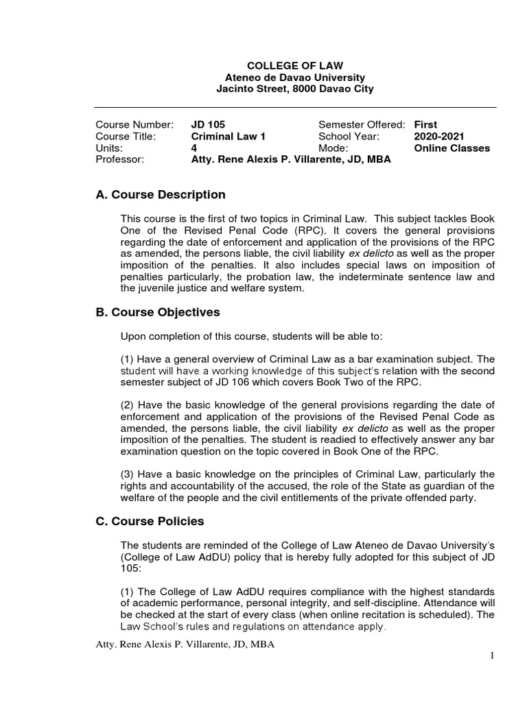 Criminal Law 1 Course Outline and Policies | PDF | Felony | Crime ...