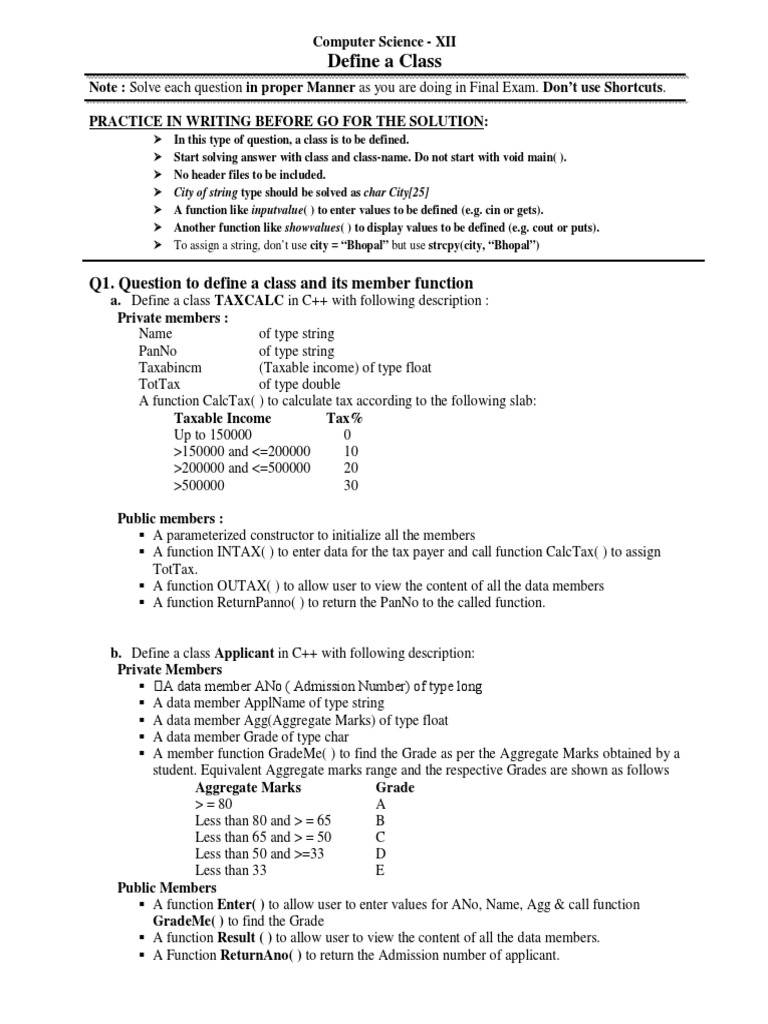 Q1. Question To Define A Class and Its Member Function | PDF | Subroutine | String (Computer ...