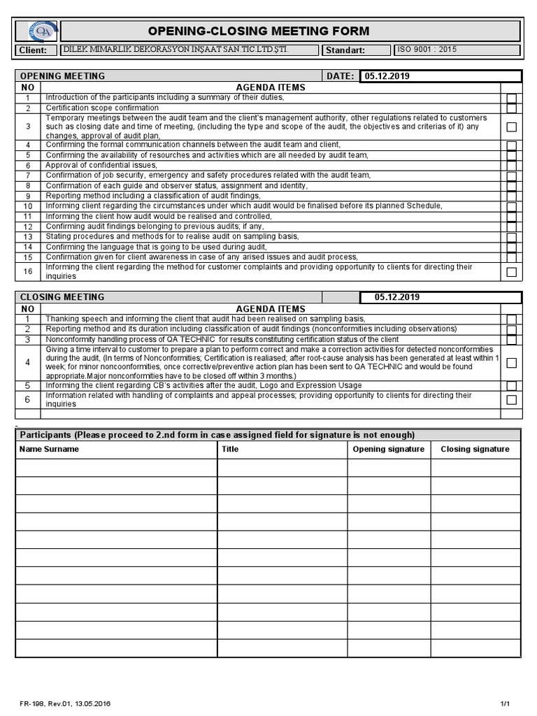 FR-198 Opening-Closing Meeting Form Rev01 3 | PDF | Iso 9000 | Audit