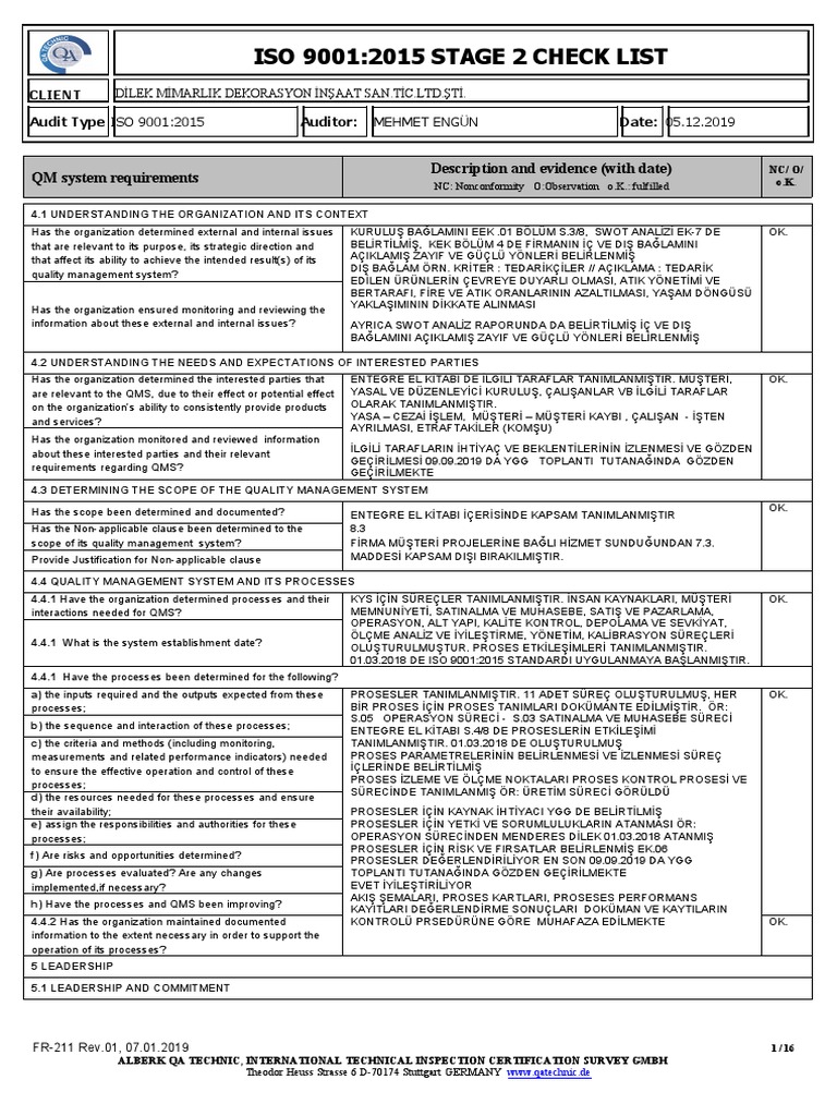 FR-211 ISO 9001-2015 STAGE 2 CHECK-LIST r-01 | PDF | Iso 9000 | Quality ...