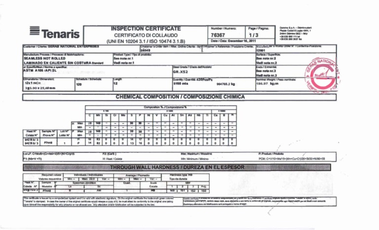 Tenaris: Inspection Certificate | PDF | Chemistry | Materials