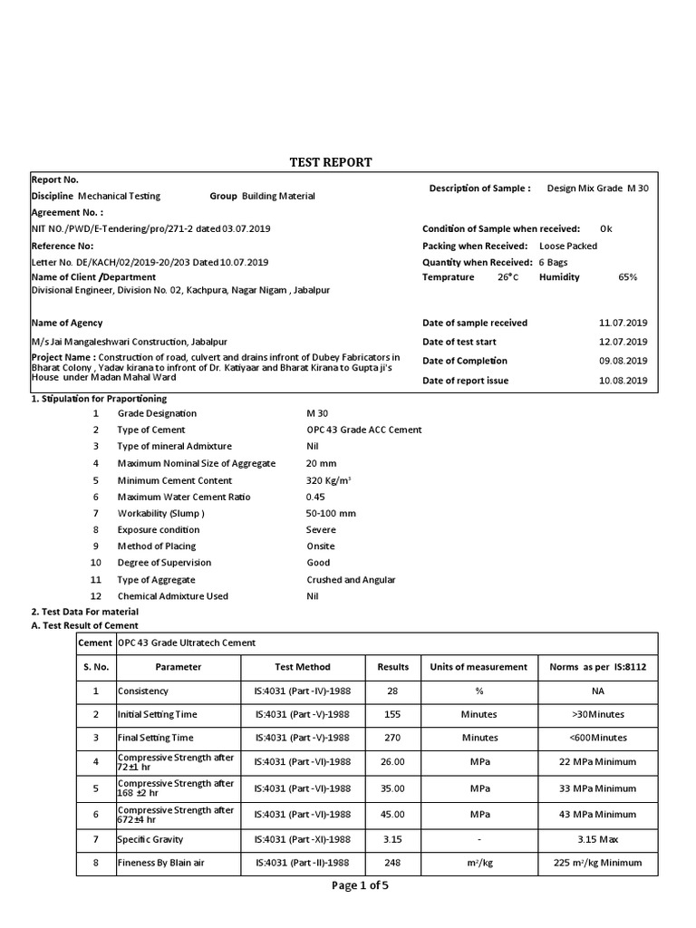 M30 Concrete Design Mix Test Report | PDF | Concrete | Cement