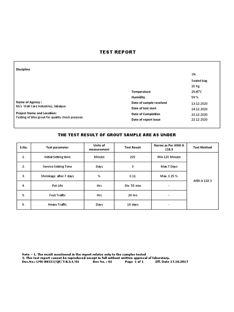 Test Report for Grout Sample Quality Check | PDF | Nature