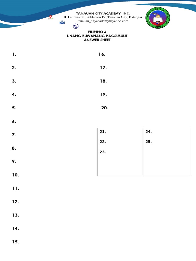 Grade 3 Answer Sheet First Monthly Examination | PDF
