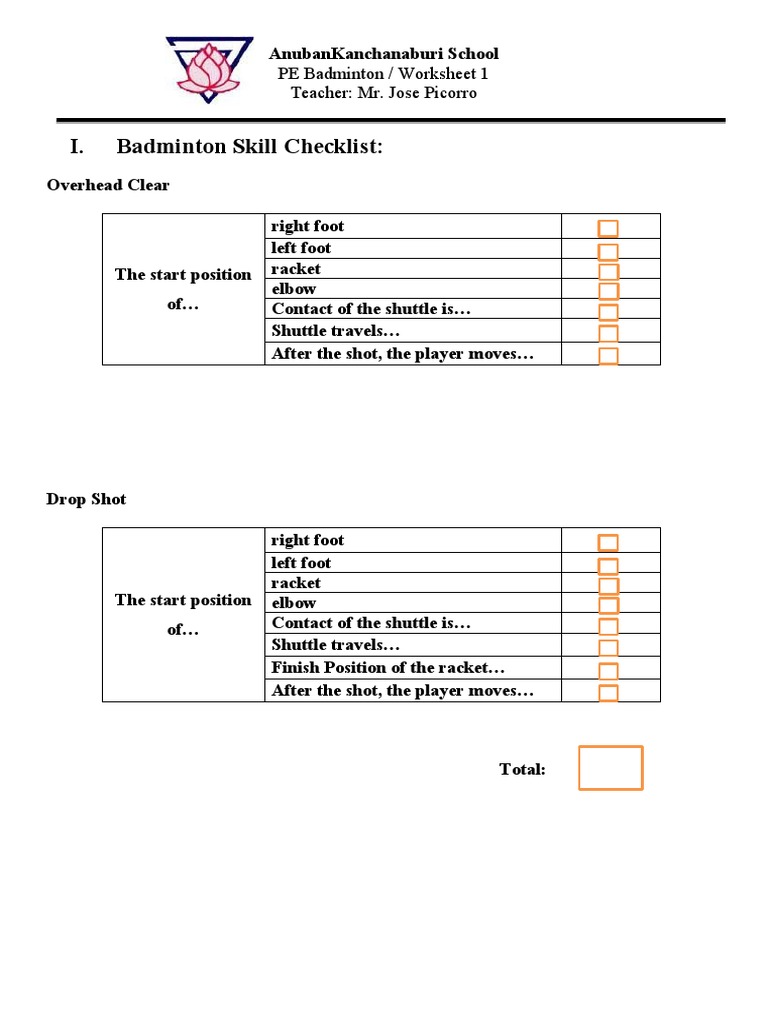 I. Badminton Skill Checklist:: PE Badminton / Worksheet 1 Teacher: Mr ...