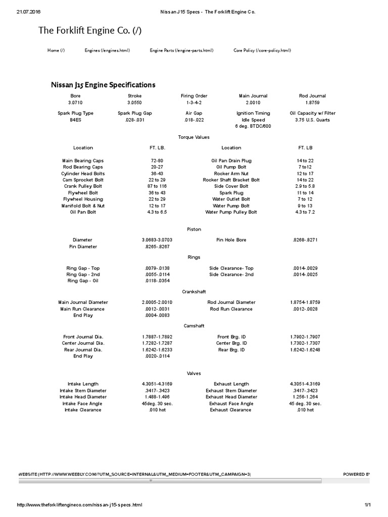 Nissan J15 Specs - The Forklift Engine Co | PDF | Engines | Mechanical ...
