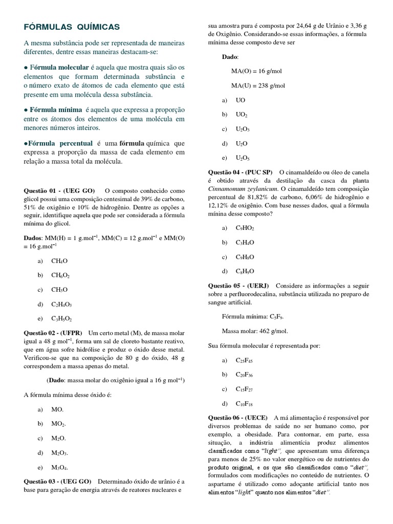 Formulas Químicas | PDF | Mol (Unidade) | Moléculas