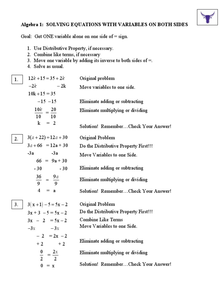 Variables On Both Sides Notes | PDF | Equations | Algebra
