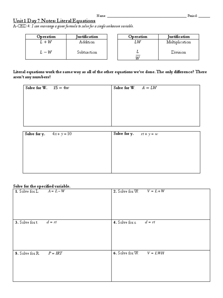 Literal Equations Notes | PDF