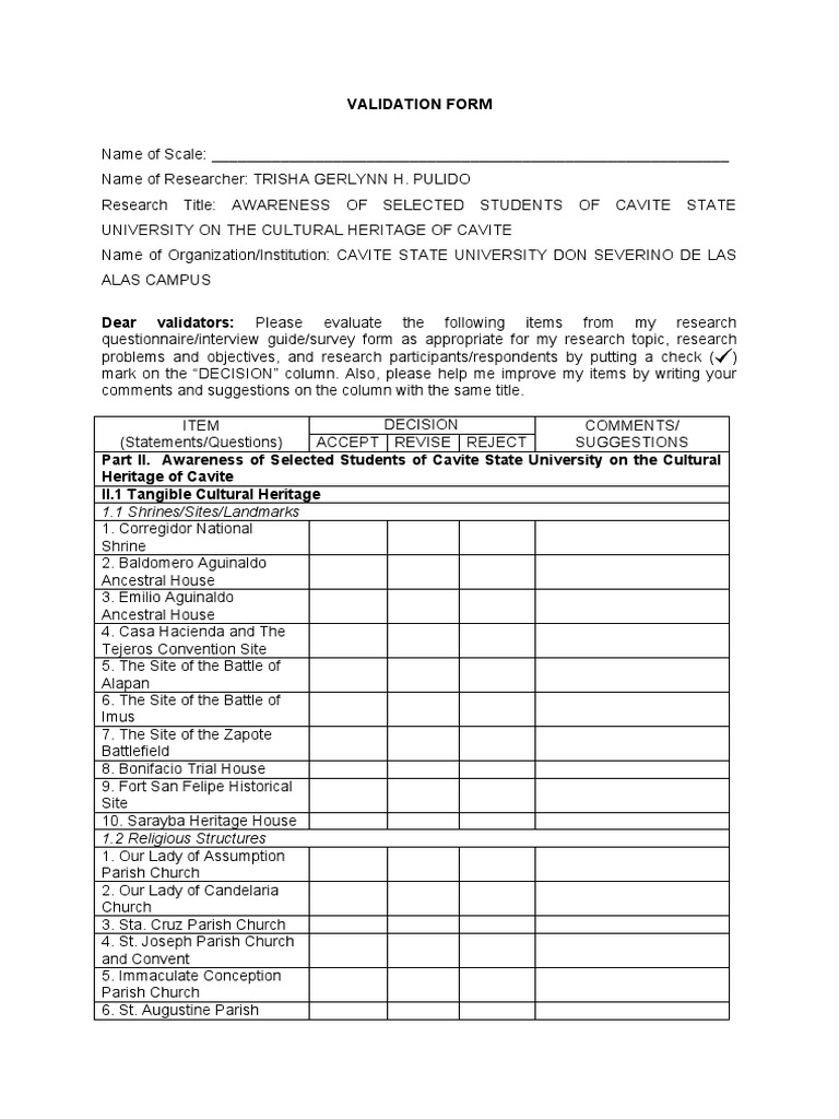 Cavite Heritage Awareness Survey Validation | PDF | Philippines