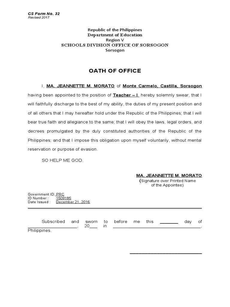 CS Form No. 32 Oath of Office | PDF