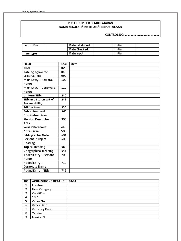 Cataloging Input Sheet | PDF