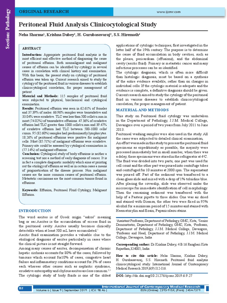 Peritoneal Fluid Analysis Clinicocytological Study: Original Research ...