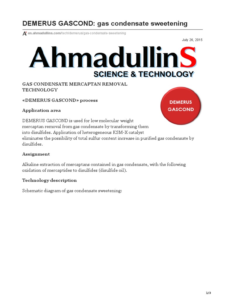 DEMERUS GASCOND: Mercaptan Removal Process | PDF | Thiol | Catalysis