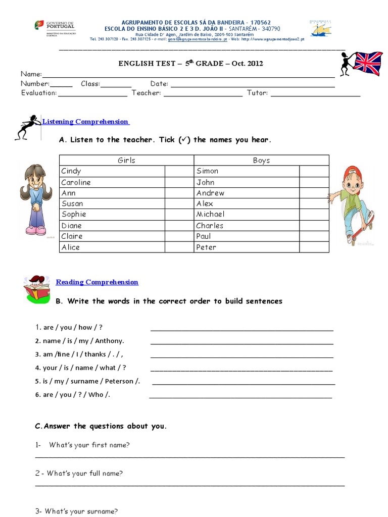 English Test - 5 GRADE - Oct. 2012: Listening Comprehension | Download ...