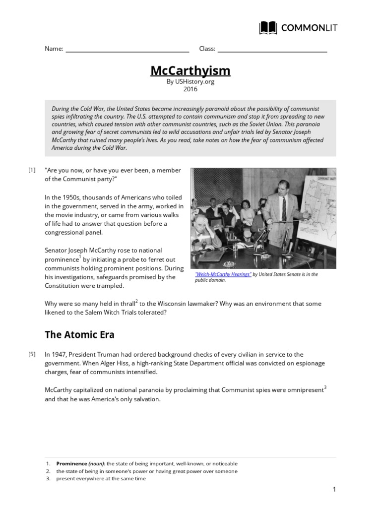 Commonlit Mccarthyism Student | PDF | Joseph Mc Carthy | American ...