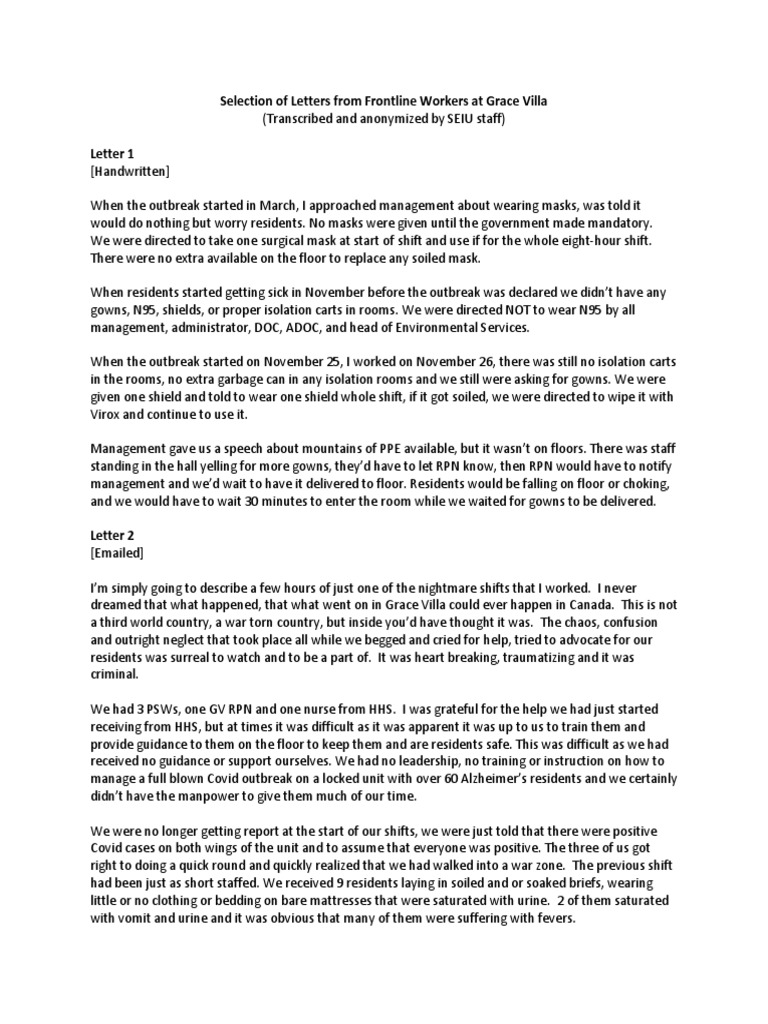 Letters From Frontline Workers | PDF | Personal Protective Equipment ...