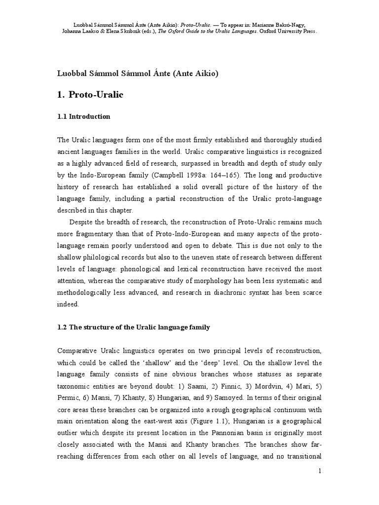 Proto-Uralic Linguistics Overview | PDF | Syllable | Vowel
