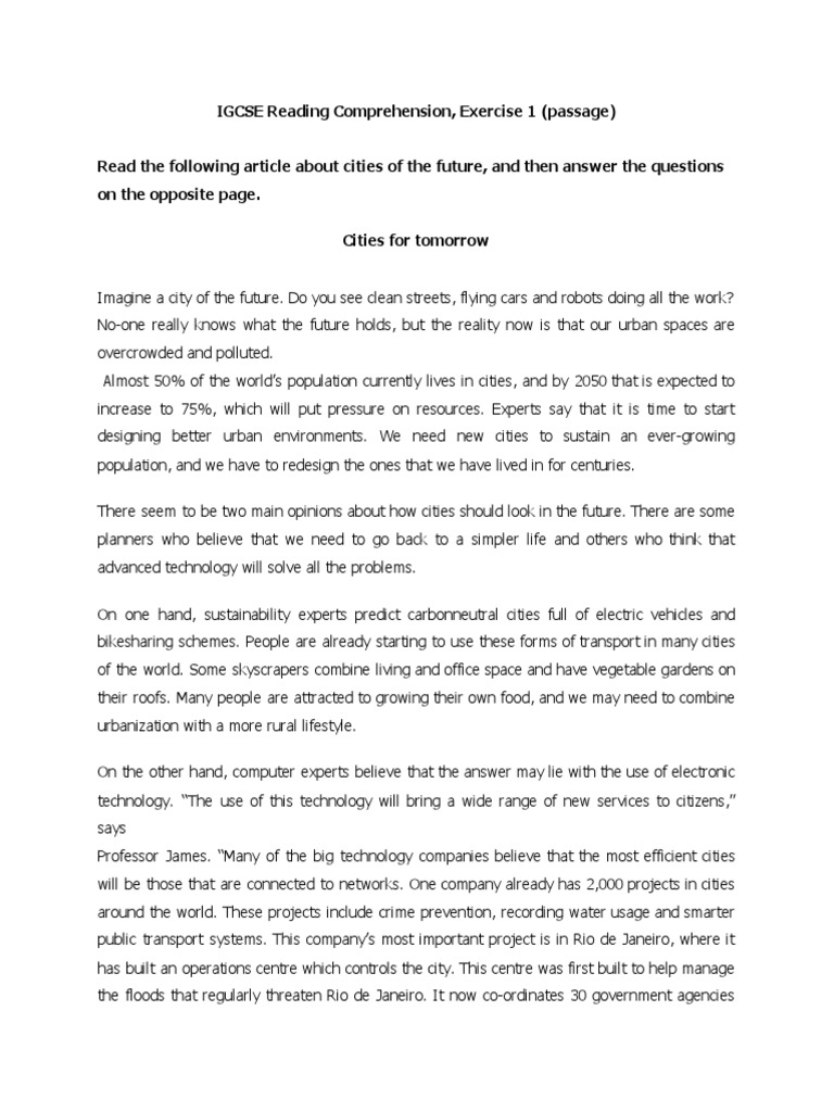 IGCSE Reading Comprehension, Exercise 1 (Passage) | PDF ...